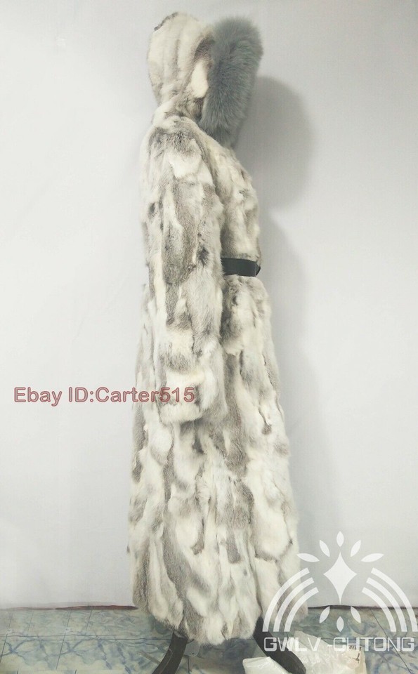 100% Real Rabbit Fur Coat with Hood Raccoon Fur Women X-long Jacket ...