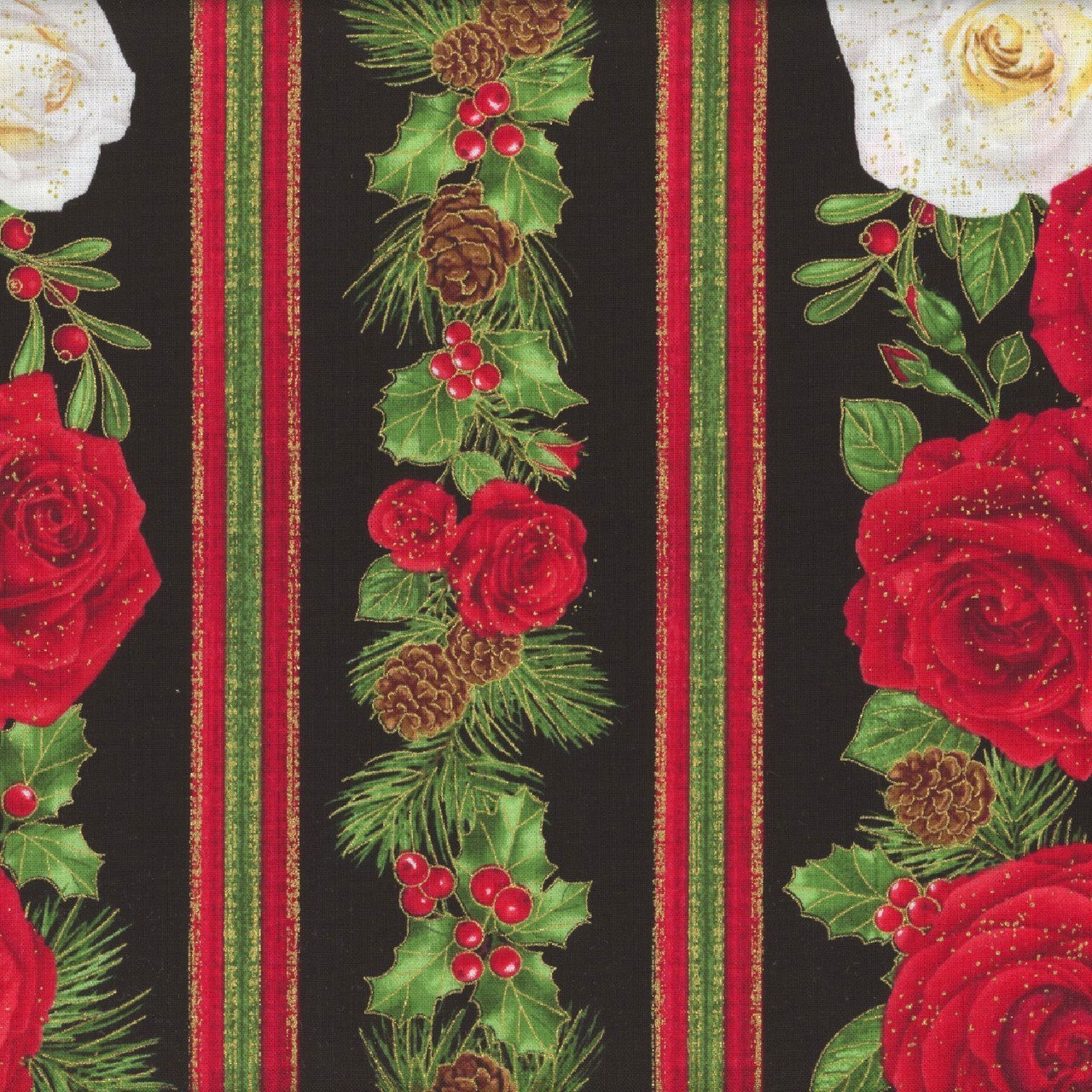 BTY TT Winter Red Rose Stripe Black w/Metallic Accents 100% Cotton ...