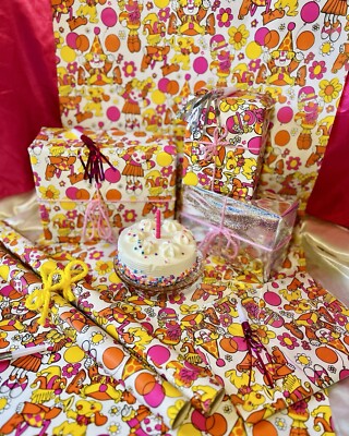 Vintage 1970s Birthday Party Gift Wrap Wrapping Paper Cute Clown Flower ...