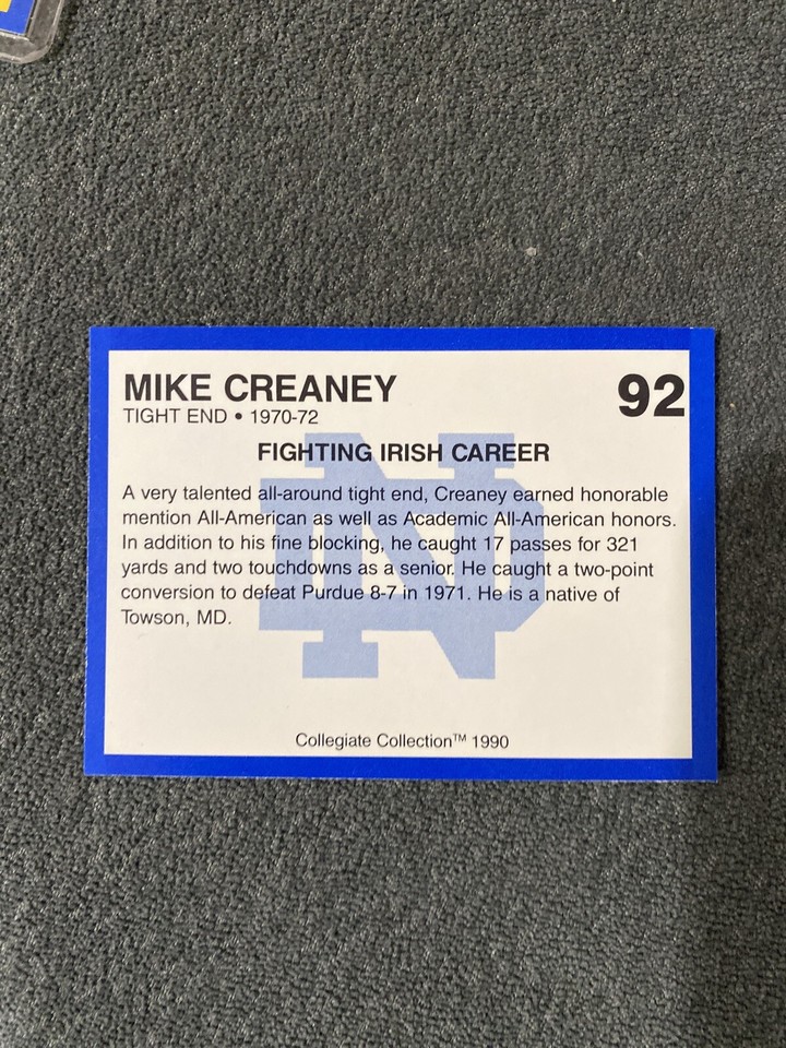 1990 Collegiate Collection Mike Creaney #92 Notre Dame Fighting Irish ...