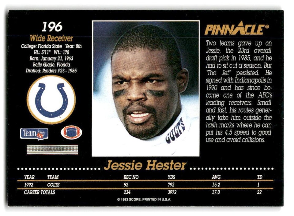 Jessie Hester 1993 Pinnacle #196 Indianapolis Colts FOOTBALL | eBay