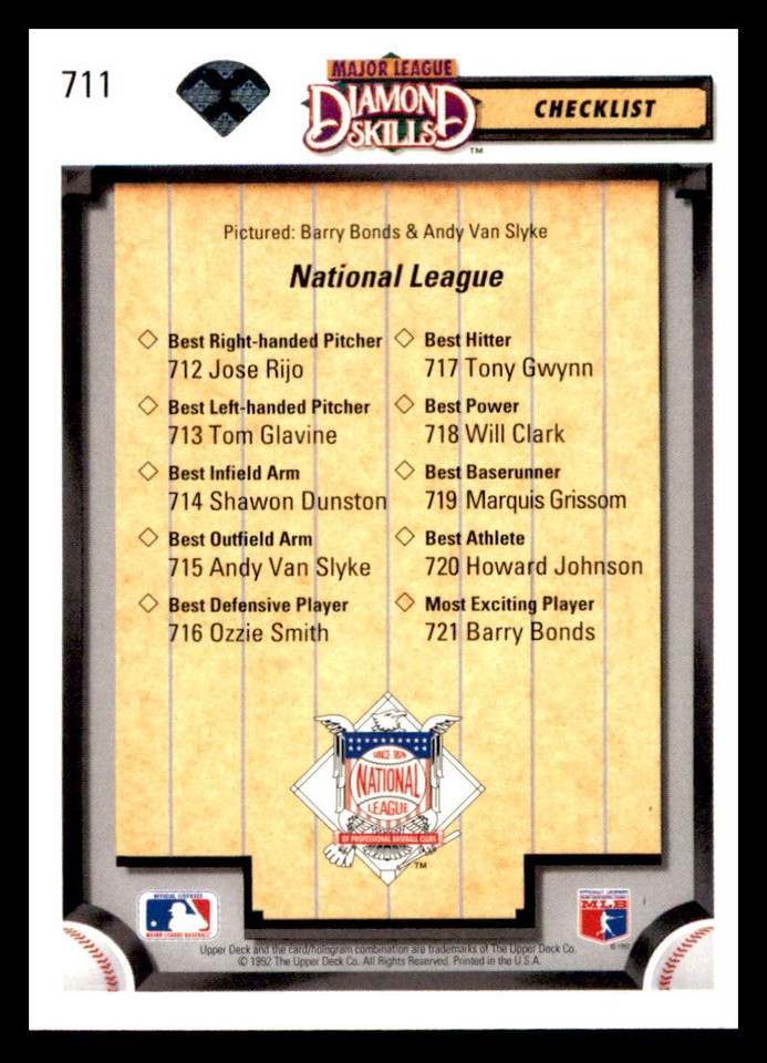 1992 Upper Deck #711 Diamond Skills Checklist DS, CL Pittsburgh Pirates ...