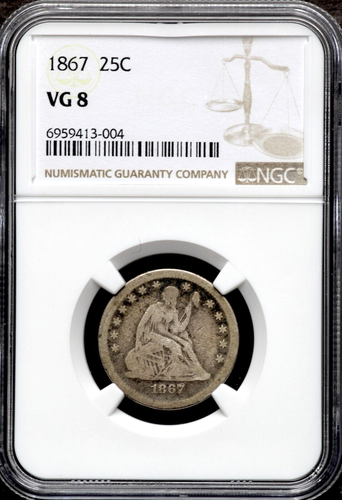 1867 Seated Liberty Quarter- NGC VG 8- Rare Key Date- 20K Low-Mintage ...