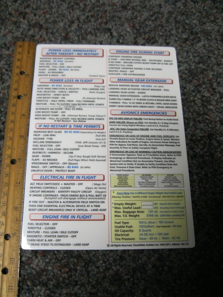 CheckMate Aviation laminated Checklist - Mooney Acclaim M20TN 6 3/4 x 9 ...
