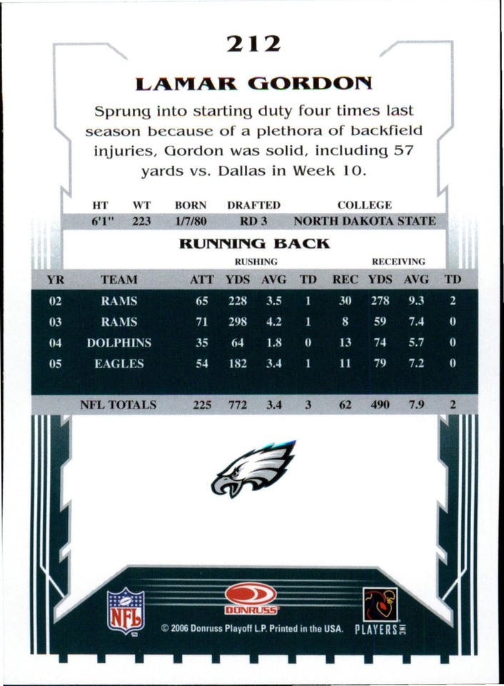 2006 Score #212 Lamar Gordon Philadelphia Eagles | eBay