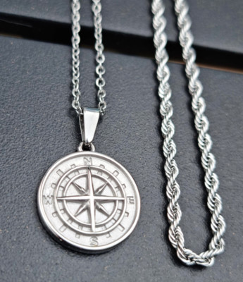 Men's Compass Nevigator North Pendant Necklace Stainless Steel 2 Chain ...