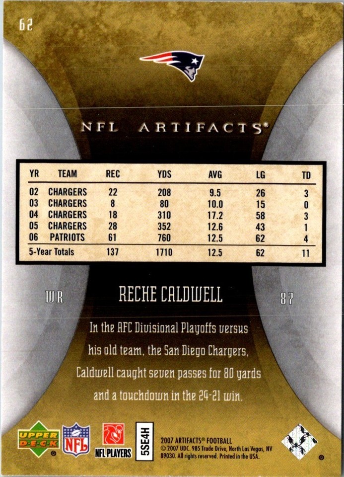 2007 Upper Deck Artifacts Reche Caldwell #62 New England Patriots ...