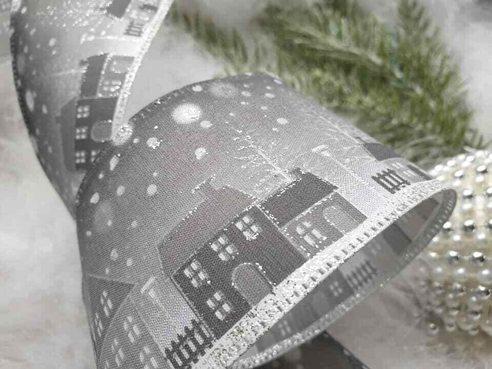 1m x 63mm Wired Christmas Ribbon Grey Houses Sparkly Silver Sparkly ...