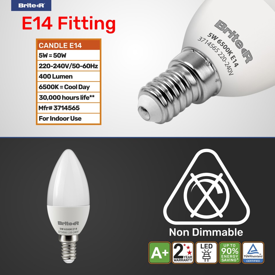 5x E14 SES Candle LED Bulb 5W=50W COOL White Brite-R 6500K 240V Light ...