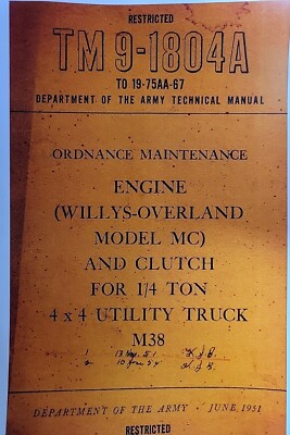 Jeep Willys Overland MC M38 1/4 ton 4x4 Truck Engine Service Manual ...