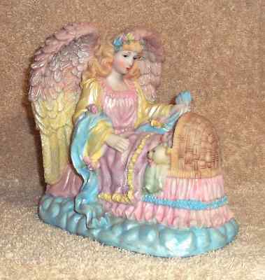 ANGEL WATCHING OVER INFANT CHILD IN CRIB Cold-Cast Polystone Figurine ...