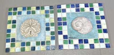 Two Wall Tiles Beach Cottage Blue Green Sand Dollar/Shell P. Brent 3D ...