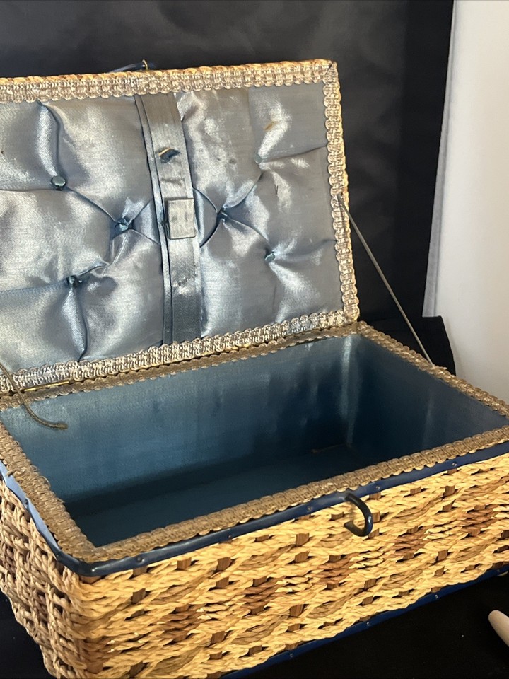 Vintage Wicker Sewing Basket with Satin Lining And Blue Banding Made In ...
