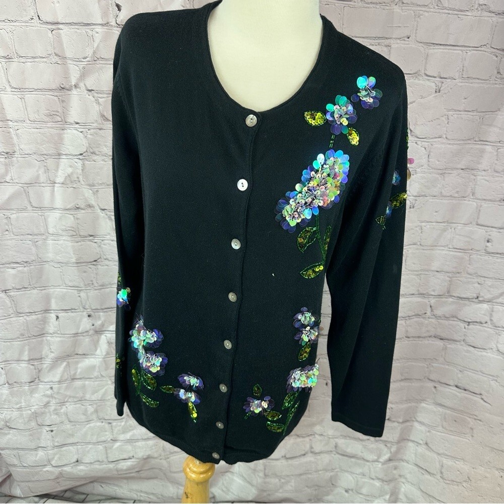Quacker Factory Black Embellished floral Cardigan Swe… - Gem