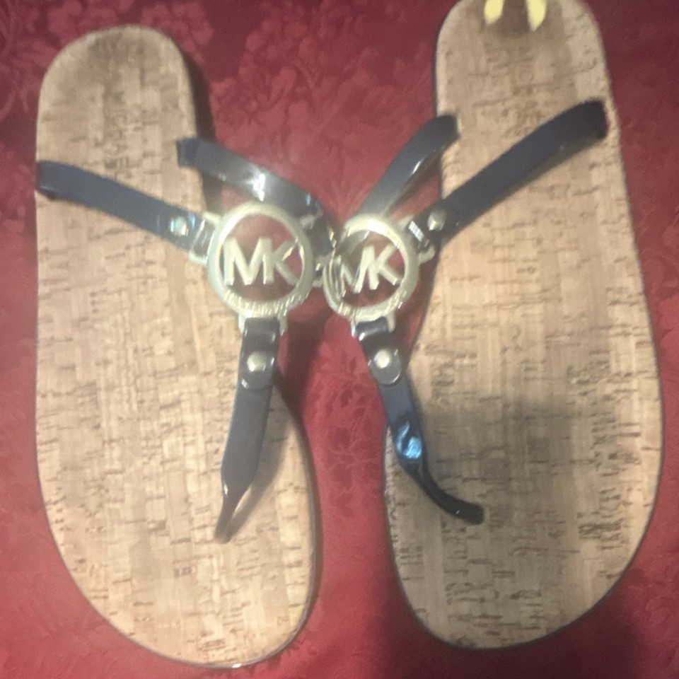 Michael Kors Black Thong Sandals Logo Medallion Cork Insole Rubber ...