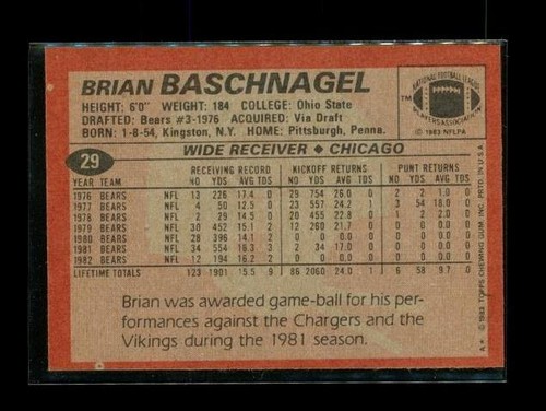 Vintage 1983 TOPPS Football Trading Card #29 BRIAN BASCHNAGEL Chicago ...