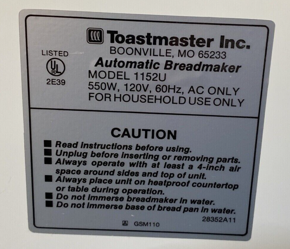Control Panel with PCB for Toastmaster Bread Box Breadmaker Model 1152U ...