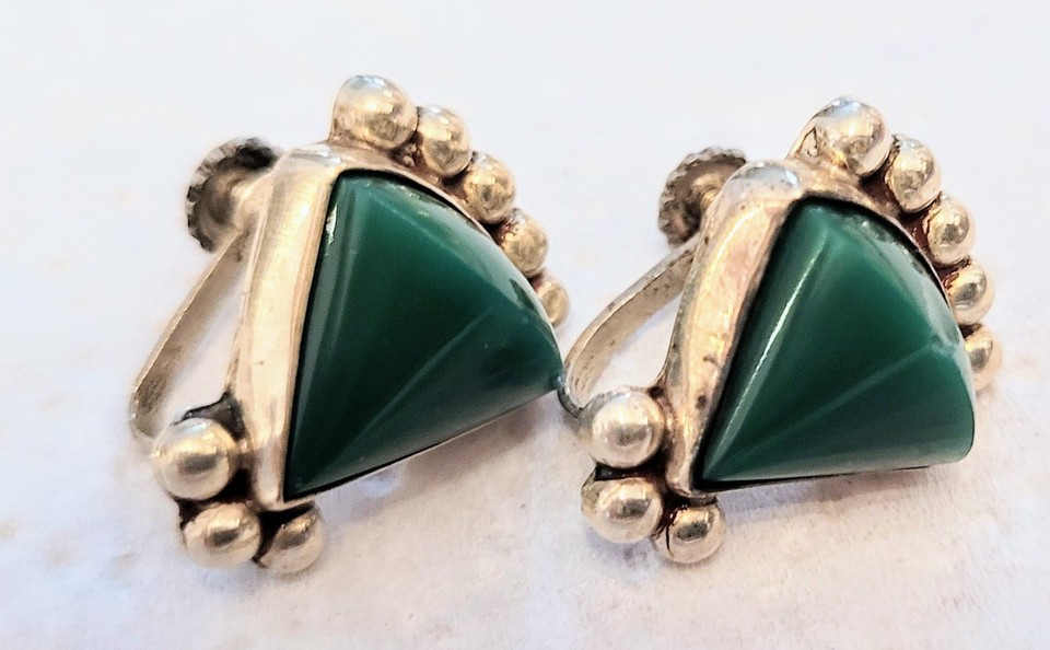 RARE ANTIQUE VINTAGE MEXICAN STERLING SILVER & GREEN ONYX SCREW-BACK ...