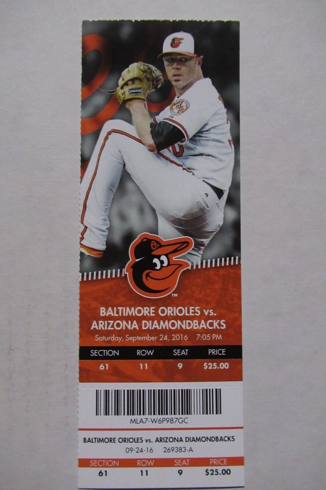 BALTIMORE ORIOLES VS DIAMONDBACKS 9/24/2016 FULL TICKET ~ MANCINI ...