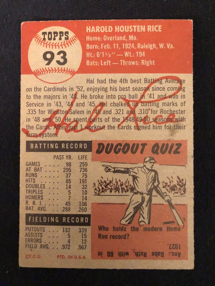 1953 Topps Baseball Card Hal Rice #93 BV $60 VG Range CF | eBay