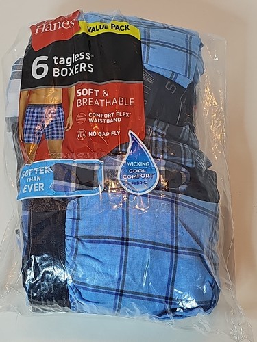New 3XL Hanes Men's Woven Boxers 6-Pack blue plaid stretch waist cool ...