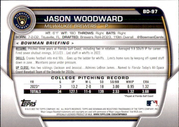 2023 BOWMAN DRAFT 1ST BASE PROSPECT BD97 JASON WOODWARD BREWERS RC | eBay