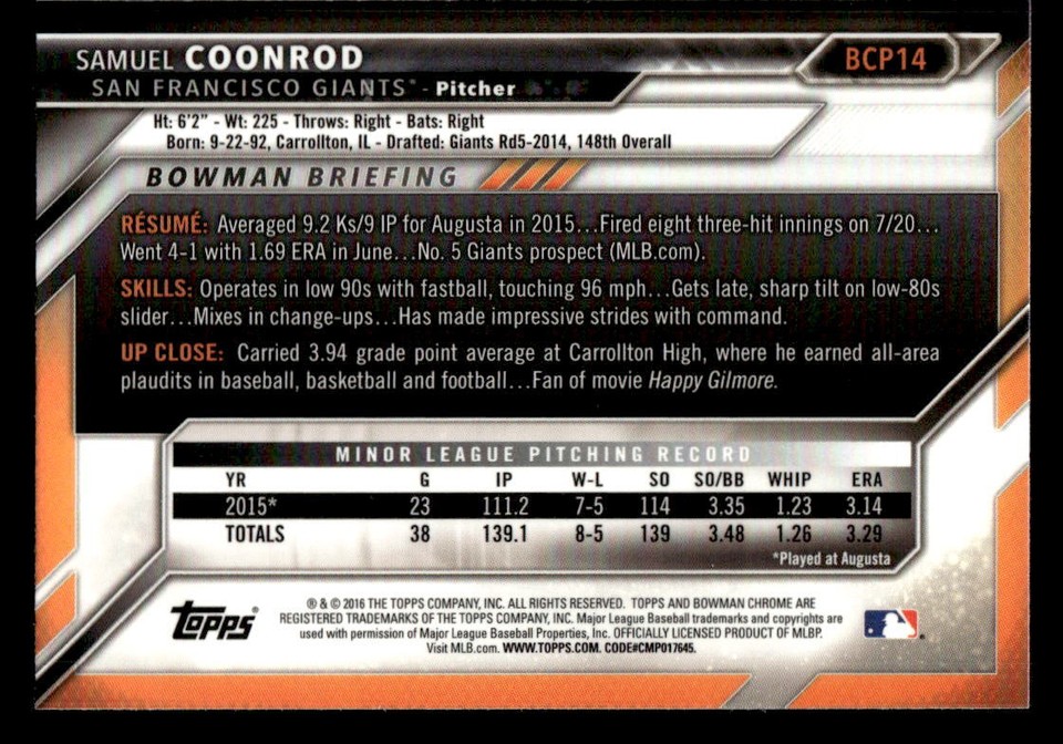 Samuel Coonrod 2016 Bowman #BCP14 Chrome Prospects San Francisco Giants ...