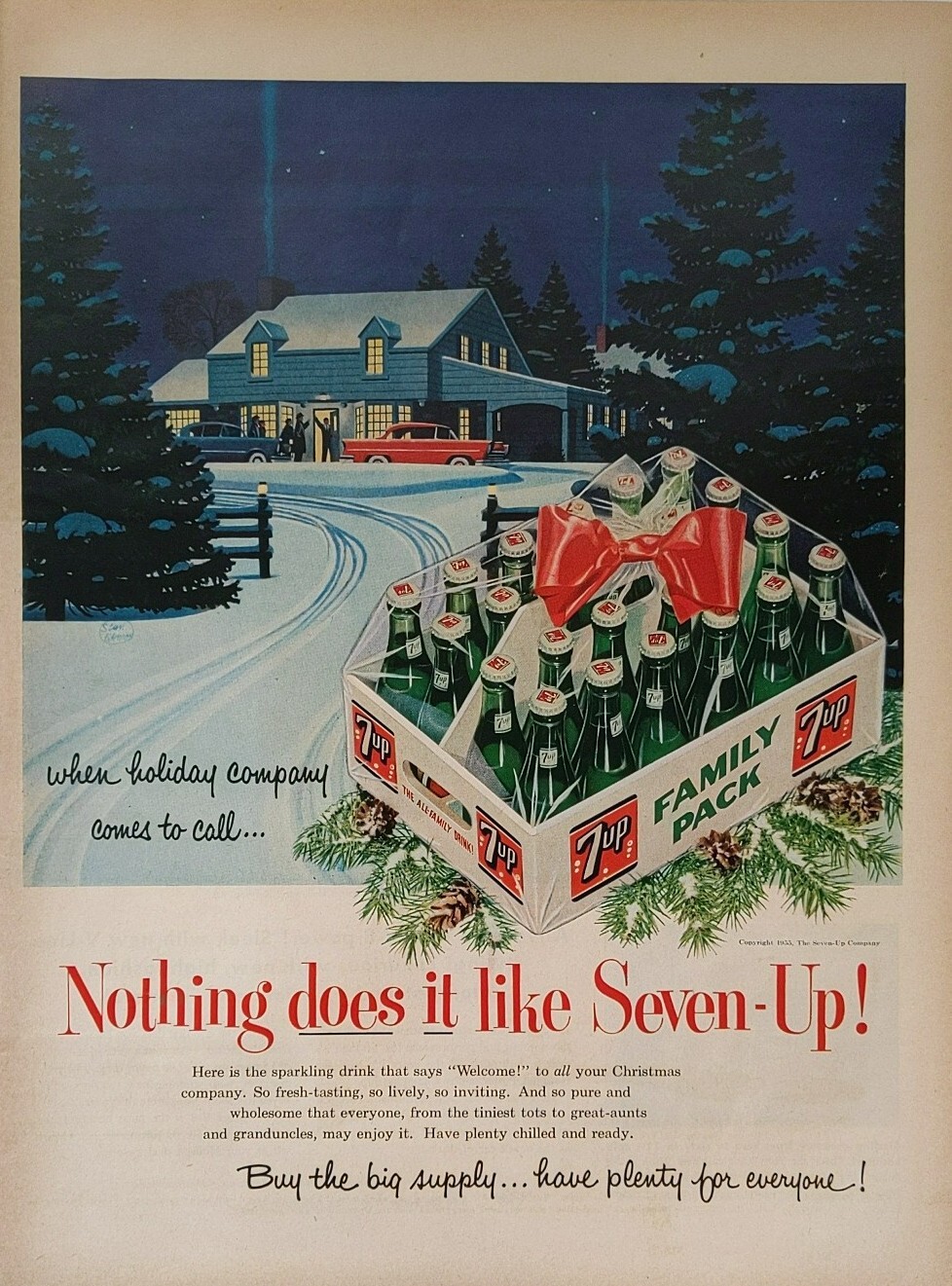 vintage 1955 7Up soda print ad. fresh up with 7UP. Post WWll. Winter ...