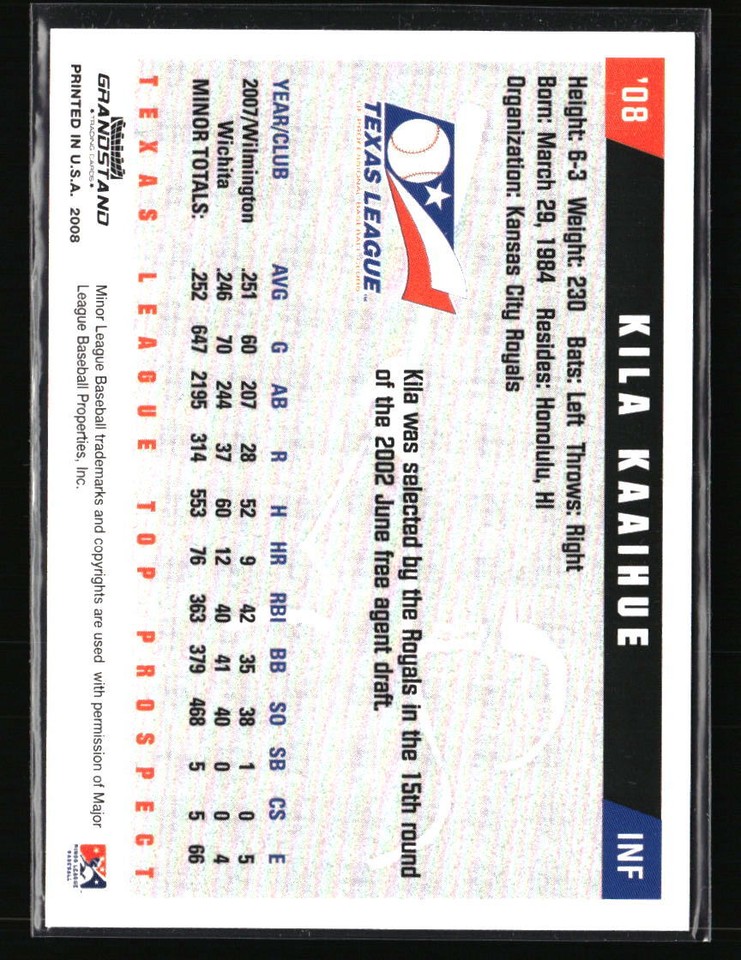 Kila Kaaihue 2008 Grandstand Northwest Arkansas Naturals #INF Baseball ...