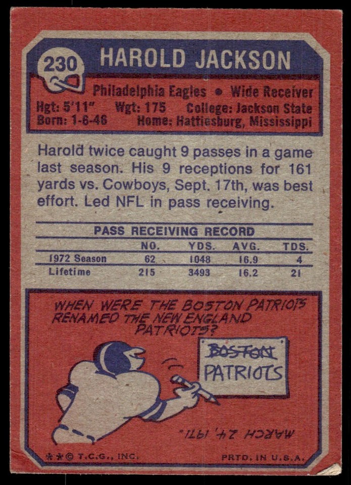 1973 TOPPS HAROLD JACKSON 6 PHILADELPHIA EAGLES #230 | eBay