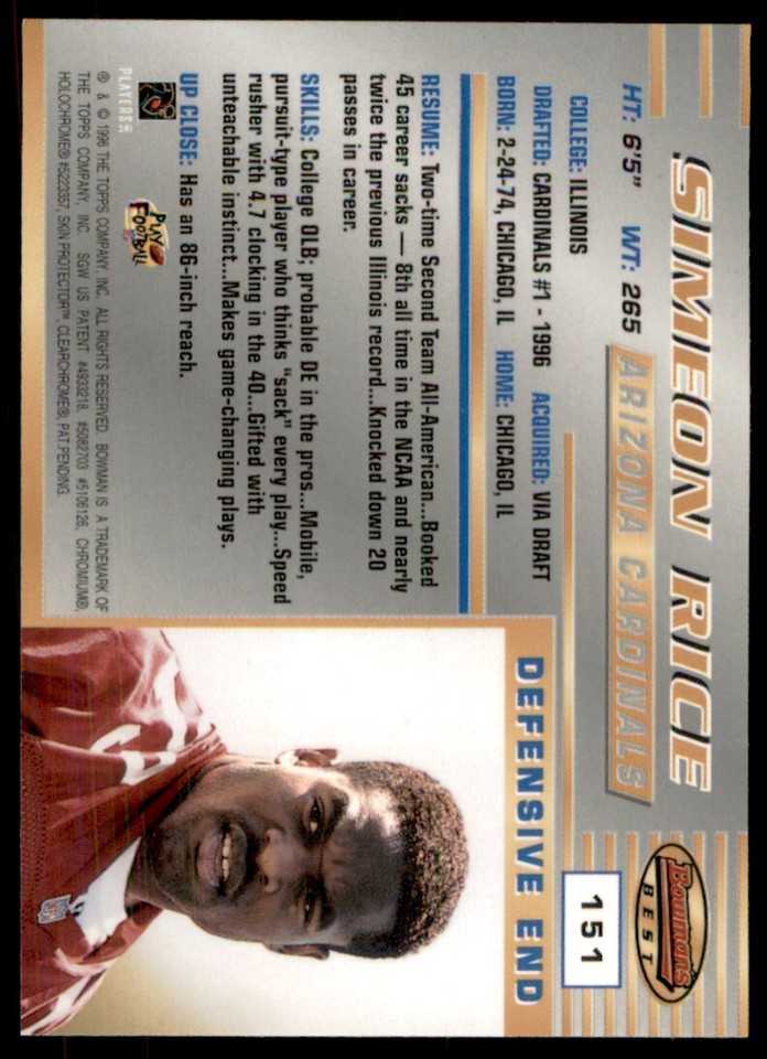 1996 BOWMAN'S BEST SIMEON RICE RC ARIZONA CARDINALS #151 | eBay