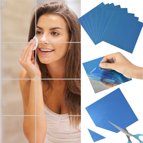 40Pcs Bathroom Wall Mirror Tile Sticker Square Self Adhesive DIY Paper ...