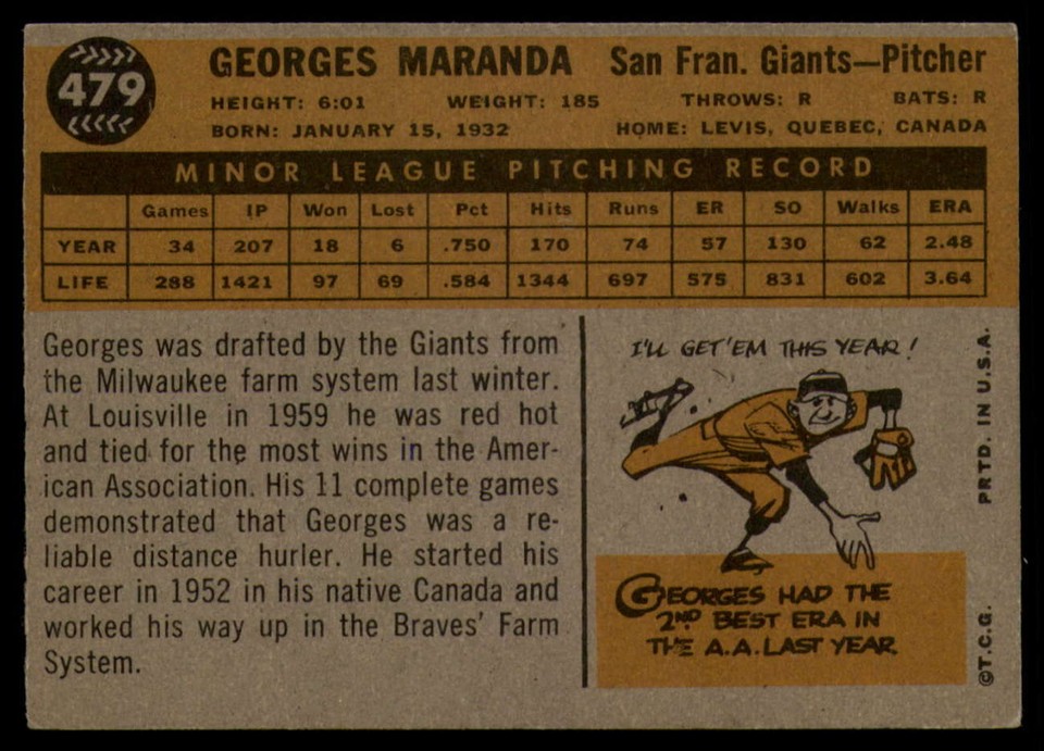 1960 Topps #479 Georges Maranda EX/NM RC Rookie Giants ID:109180 | eBay