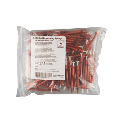 BD ORAL DISPENSING SYRINGE SYSTEM 1ML WITHOUT NEEDLE-305207- BOX OF 100 ...