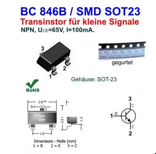 BC846 B, NPN Transistor, 65V, 100mA, 250mW, SMD SOT-23, Motorola, 20pcs ...