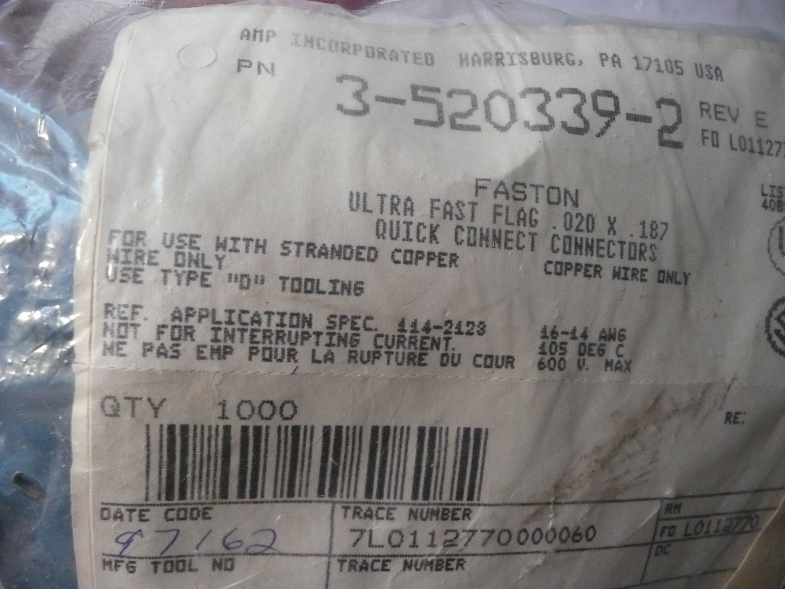 NEW 1000 PCS AMP FASTON 3-520339-2 ULTRA FAST FLAG .020 X .187 QUICK ...