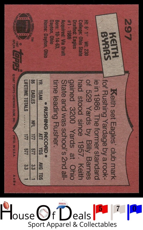 1987 Topps #297 Keith Byars Philadelphia Eagles Football card | eBay