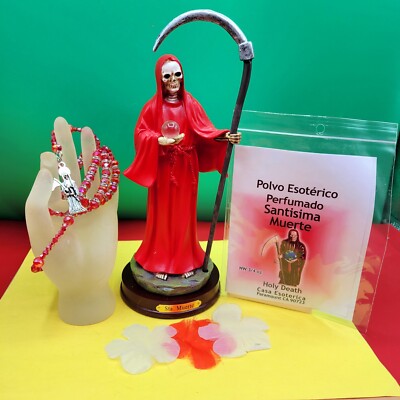 9" Santa Muerte Red Statue Holy Death With Rosary &Esoteric Powder ...