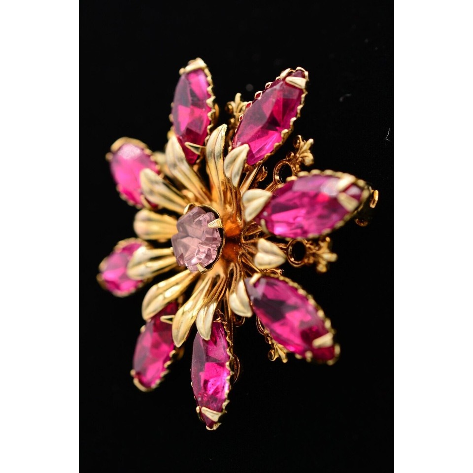 Vintage Crystal Flower Pin Brooch Magenta Marquise Rhinestone Prong ...