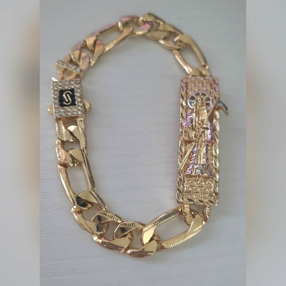 Esclava 8inn.con imagen de la santa muerte oro laminado 14k para hombre ...