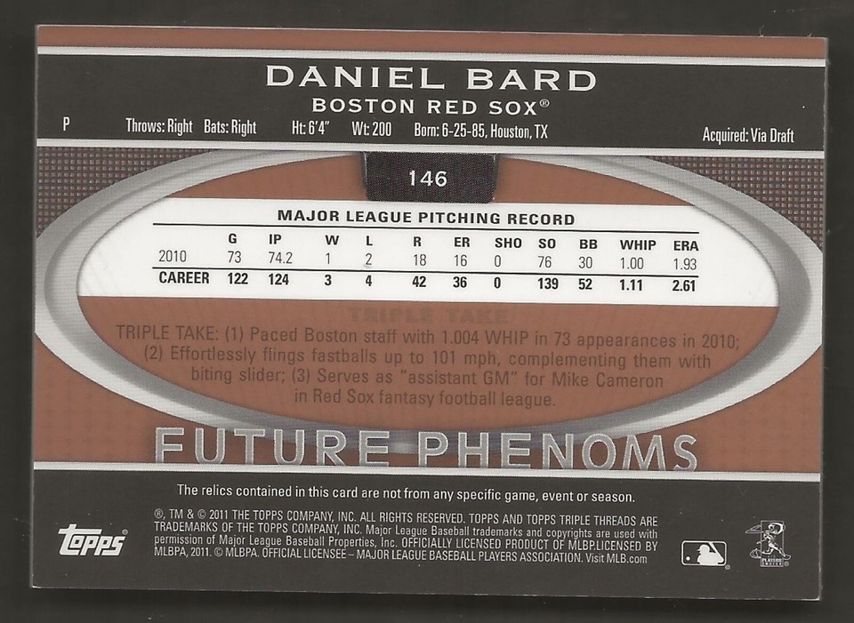 2011 Topps Triple Threads Future Threads #146 Daniel Bard Jersey ...