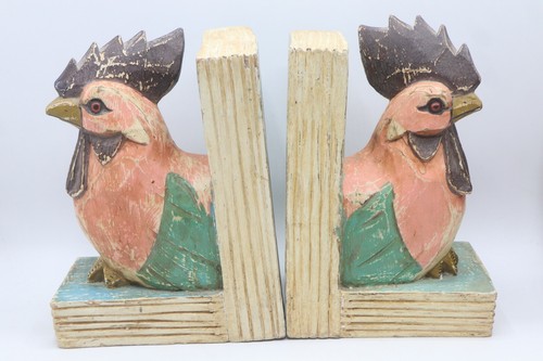 VTG Hand Carved Wood Rooster Matching Bookends Folk Art Pair Polychrome ...