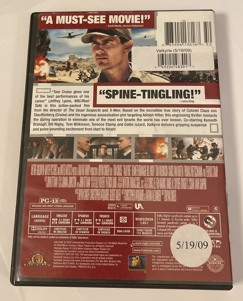 Valkyrie DVD, 2009 Movie with Tom Cruise - Based On The Incredible True ...
