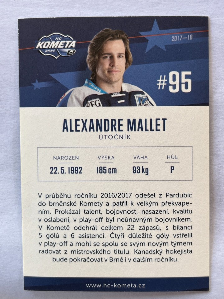 Autograph ALEXANDRE MALLET-HC Kometa Brno 17/18-Ice Hockey-Ex-Chicago ...