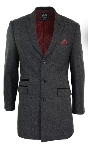 Mens Winter Over Coat Grey Navy 3/4 Long Jacket Crombie Herringbone ...