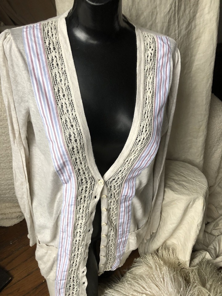 ANTHROPOLOGIE FIELD FLOWER Cardigan Sweater Cream w/ Lace & Pin-Stripe ...