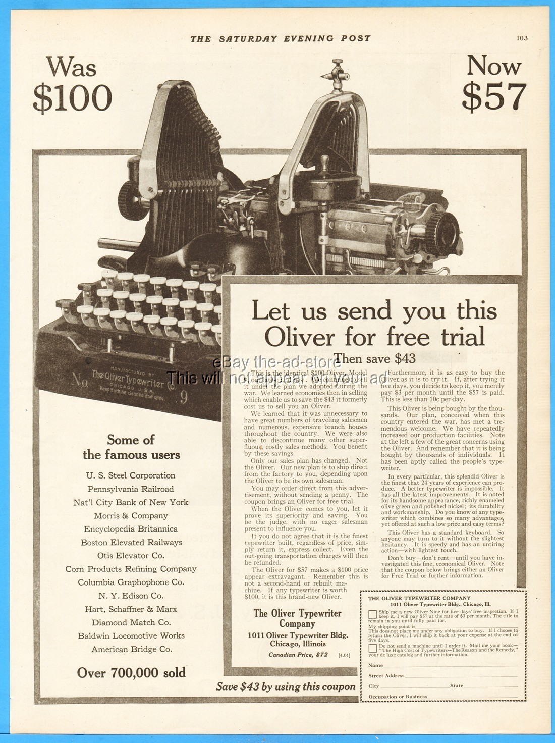 1919 Oliver Typewriter Model No 9 Chicago IL Pennsylvania Railroad ...