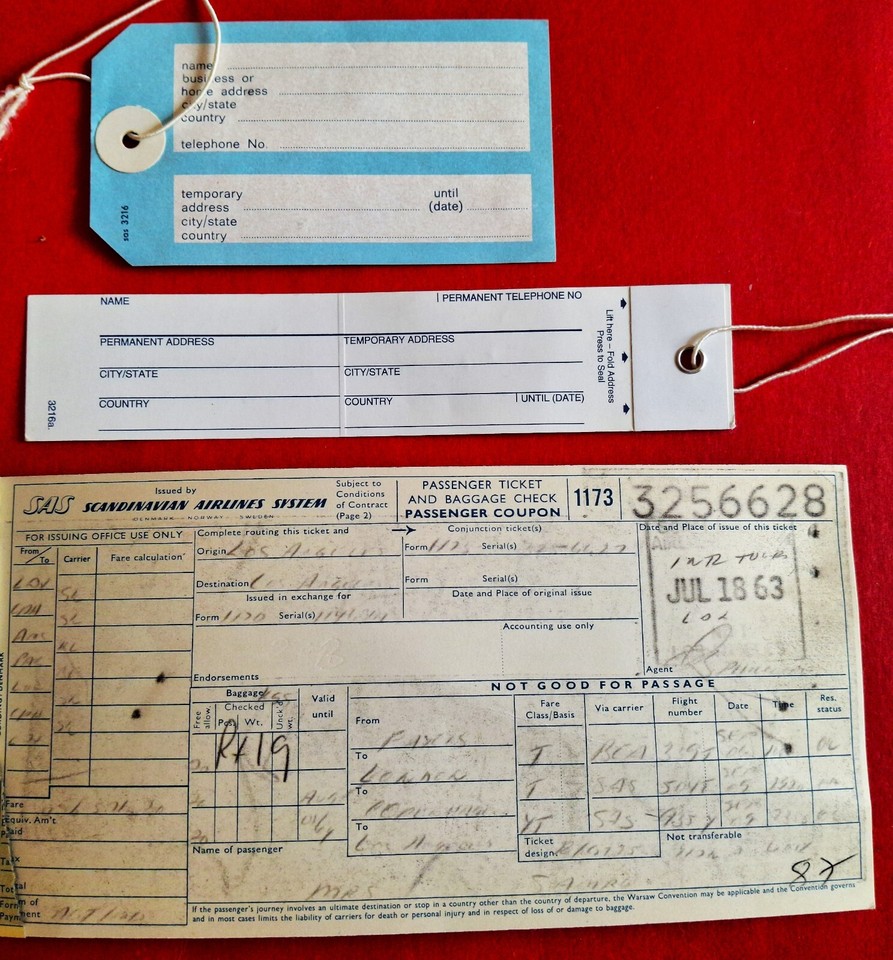 SAS Airlines 1963 Ticket hand-written 2 baggage tags PARIS-London ...