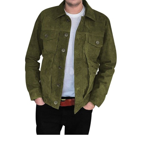 Men's Olive Green Real Suede Leather Jacket Western Trucker Moto Biker ...