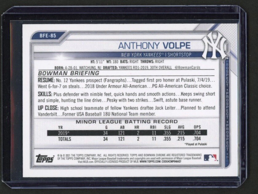 ANTHONY VOLPE 2021 Bowman 1st Edition Yankees Rookie/Prospect Card #BFE ...